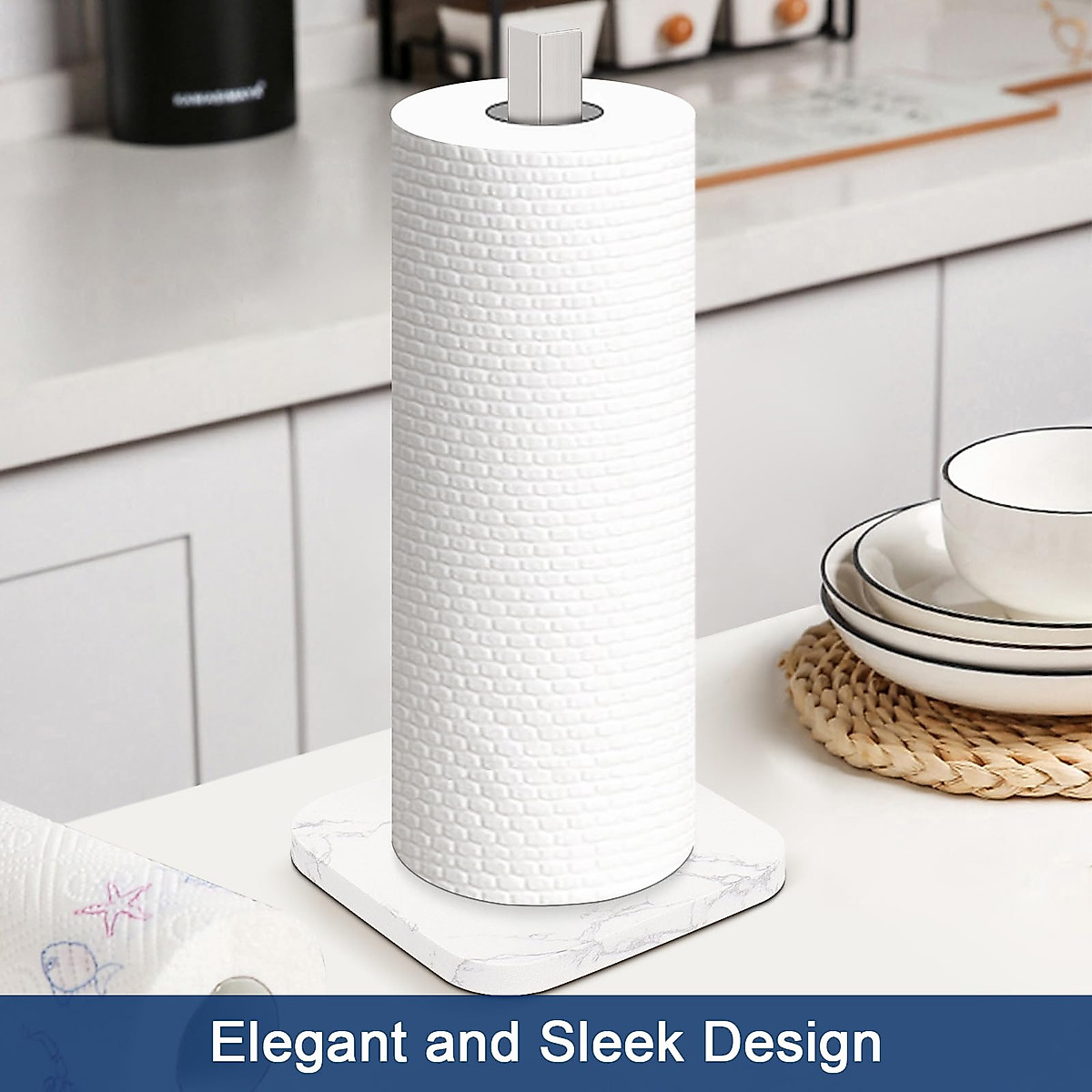 NearMoon Standing Paper Towel Holder, Stainless Steel Square Paper Towel Roll Holder with Marble Base for Bathroom Kitchen Countertop, Standard or Jumbo-Sized Roll Holder (Brushed Gold)