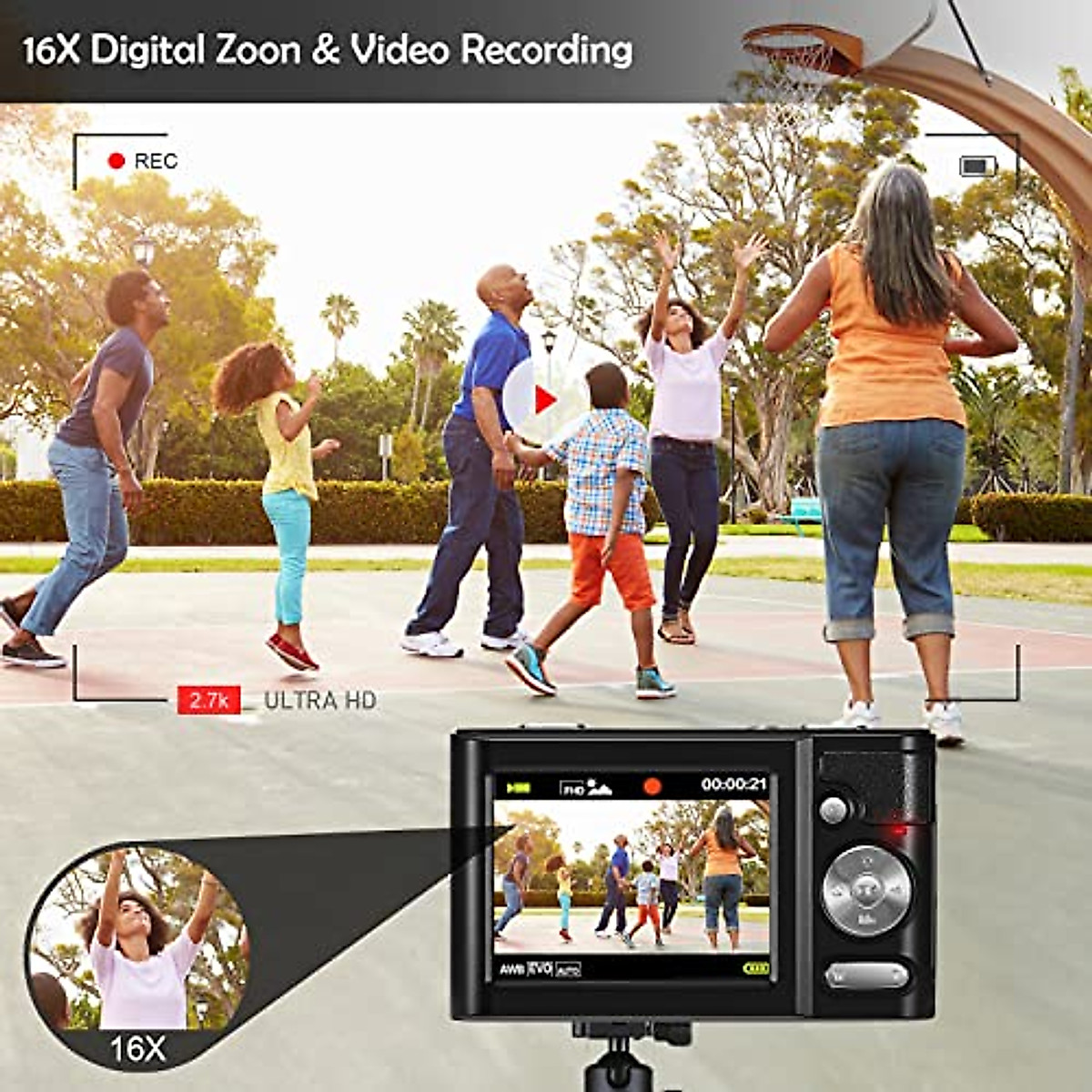 48MP Kids Digital Camera for Kids,Teens,Beginners,Adults, Compact 16X Zoom 4K Mini Digital Photo Camera Compact Students Video Camera with Macro -Altruewit(Black)