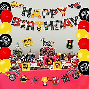 PRATYUS Race Car Birthday Decorations for Kids Boys Let's go Racing Party Supplies With Banner, Welcome Hanger, Car Party Signs, Cake Topper and Checkered Balloons