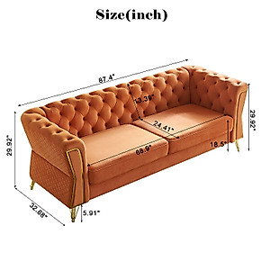 Vensico Modern Velvet Sofa Couch for Living Room, 87.4 Inch Long Tufted Sofa Unique Upholstered Couch Oversized Sofa Decor Furniture with Golden Metal Legs (Orange)