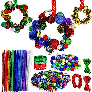 Winlyn 475 Set Christmas Jingle Bell Wreath Christmas Tree Ornaments Craft Kit Jingle Bell Metallic Chenille Stems Glitter Pom-Poms Ribbon Assortment for Kids Holiday Xmas Bracelets Necklaces Artwork