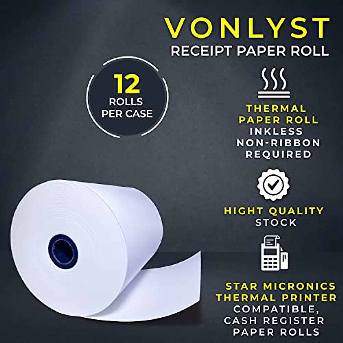 Vonlyst Receipt Paper Roll 3 1/8 x 230 for Square POS System connected to Star Micronics Thermal Printer (Pack 12 rolls)