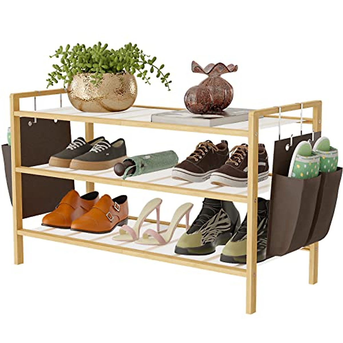 CoMokin 3-Tier Bamboo Shoe Rack with Side Pockets, Stackable | Sturdy | Multi-Function Shoe Shelf Storage Organizer for Closet Entryway Balcony Bathroom