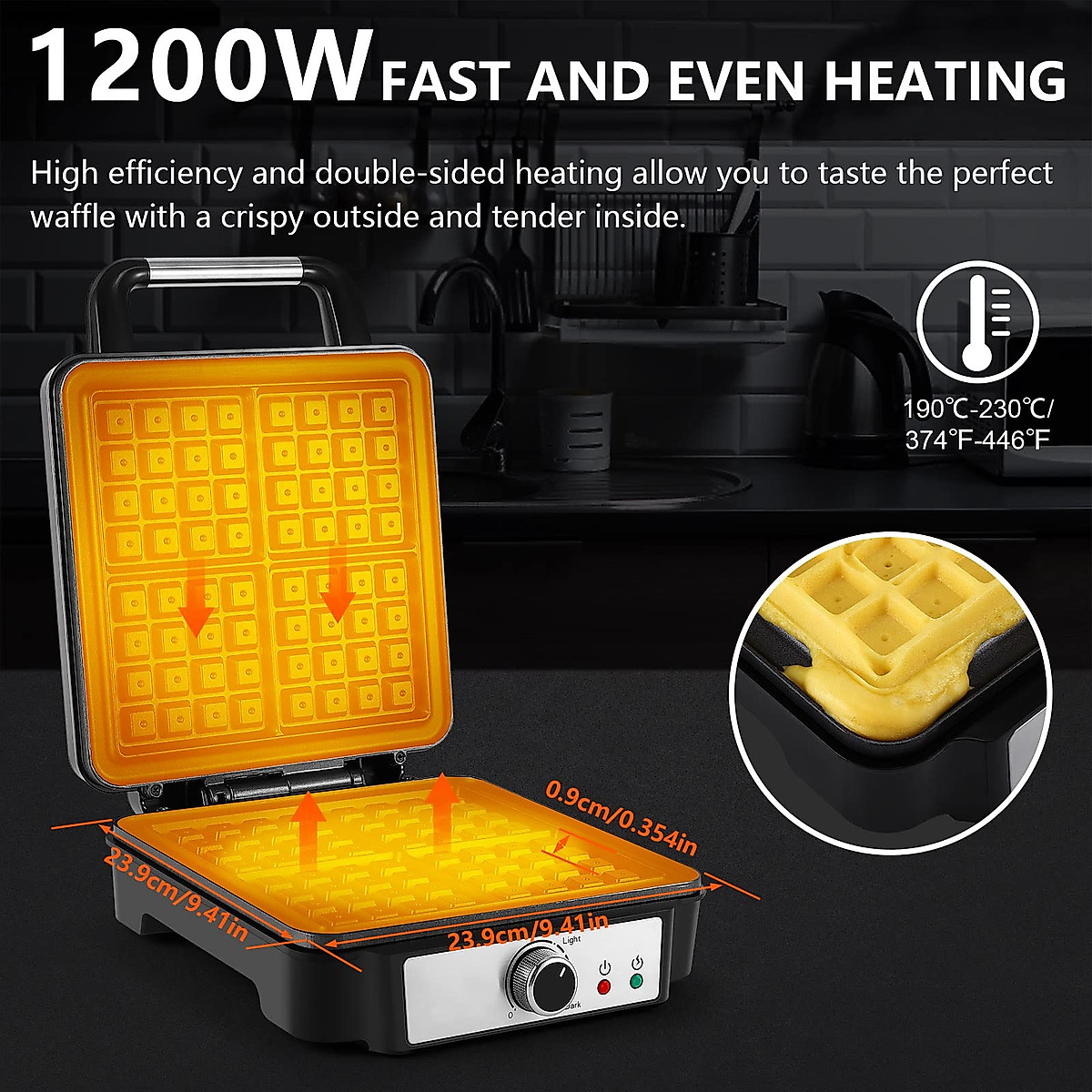 MONXOOK Belgian Waffle Maker, 4-Slice Non-Stick Square Waffle Maker, Anti-Overflow Waffle Iron with Browning Knob, Indicator Lights, Compact Design, Recipes Included, 1200W, Silver/Black