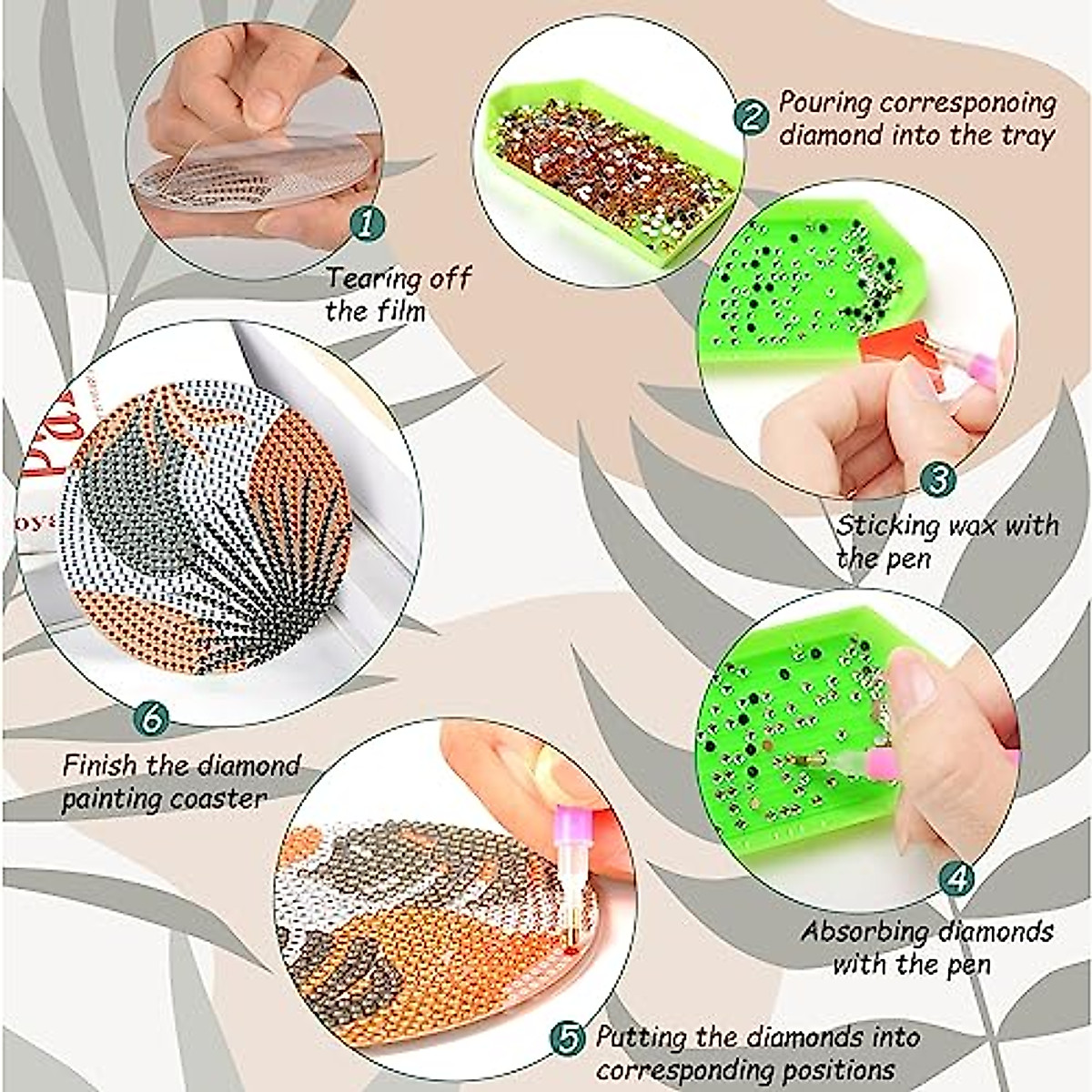 8 Pcs Leaves Diamond Painting Coasters with Holder, DIY Gray Leave Boho Diamond Art Non Slip Coaster for Adults Kids Beginners, Diamond Painting Kits Accessories Art Craft Supplies