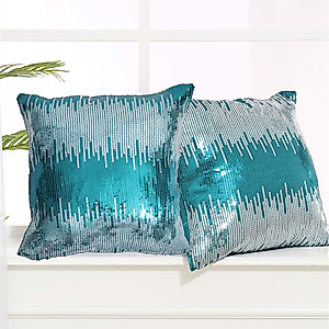 Juya Delight Sequin Throw Pillowcases Teal and Silver Sparkle Pillow Cushion Covers for Couch Sofa Home Decor,18x18 inches, Set of 2
