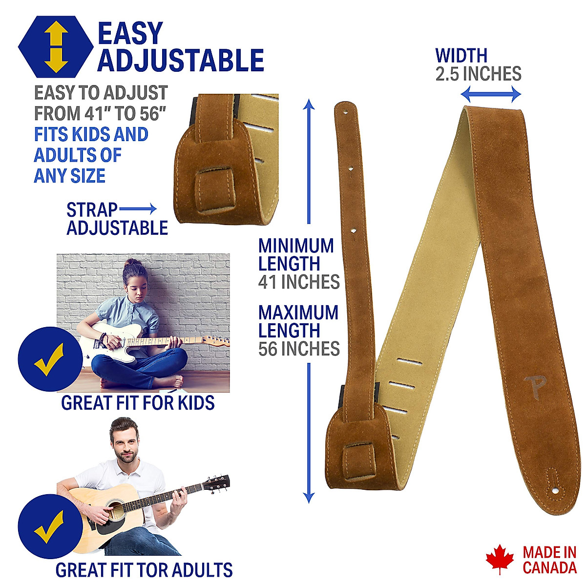 Perri's Leathers, Suede Guitar Strap, Suede Brown, Anti-Slip, Classic, Suitable for Each Level, Standard Size, 56 Inch Compatible with All Button Lock Systems