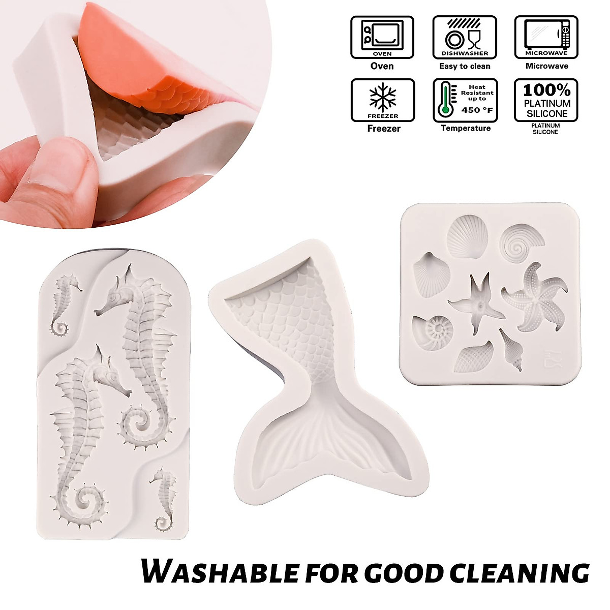 SAKOLLA Mermaid Theme Cake Fondant Mold - Seahorse Seashell Starfish Mermaid Tail Silicone Mold for Cake Decoration, Chocolate, Candy, Polymer Clay, Cupcake Decor, Sugar Craft