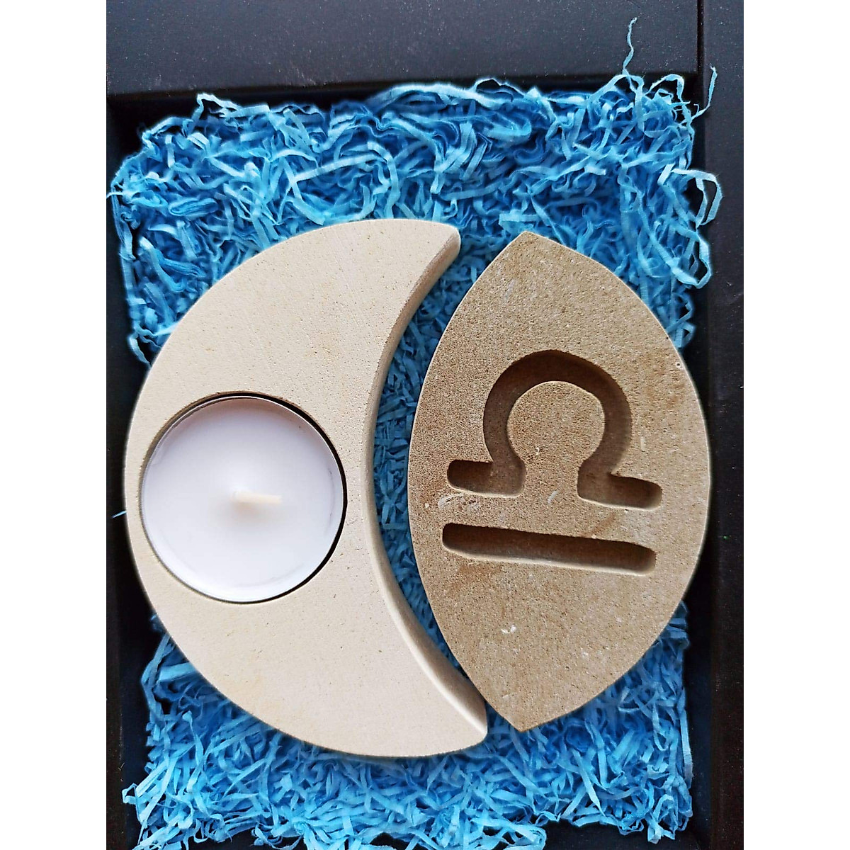 Libra Stone Tealight Candle Holder Handmade in Italy - Gift Box, Candle & Blank Message Card All Incl - Birthday September October - Air Zodiac Astrology Horoscope - Keepsake Ornament Home Decor