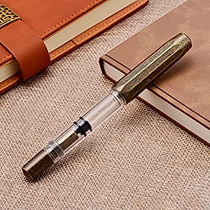 Majohn T1 Piston Fountain Pen Fine, Vintage Brass Transparent Acrylic Large Ink Capacity Writing Gift Box