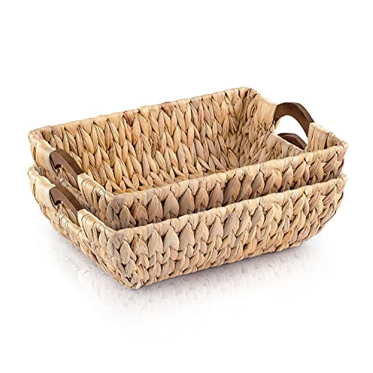 ADO Basics Large Water Hyacinth Hand Woven Basket with Stain Resistant Polished Wooden Handles, Storage Wicker Baskets 15" Length, 10.6" Width, 5.3" Height, Set of 2