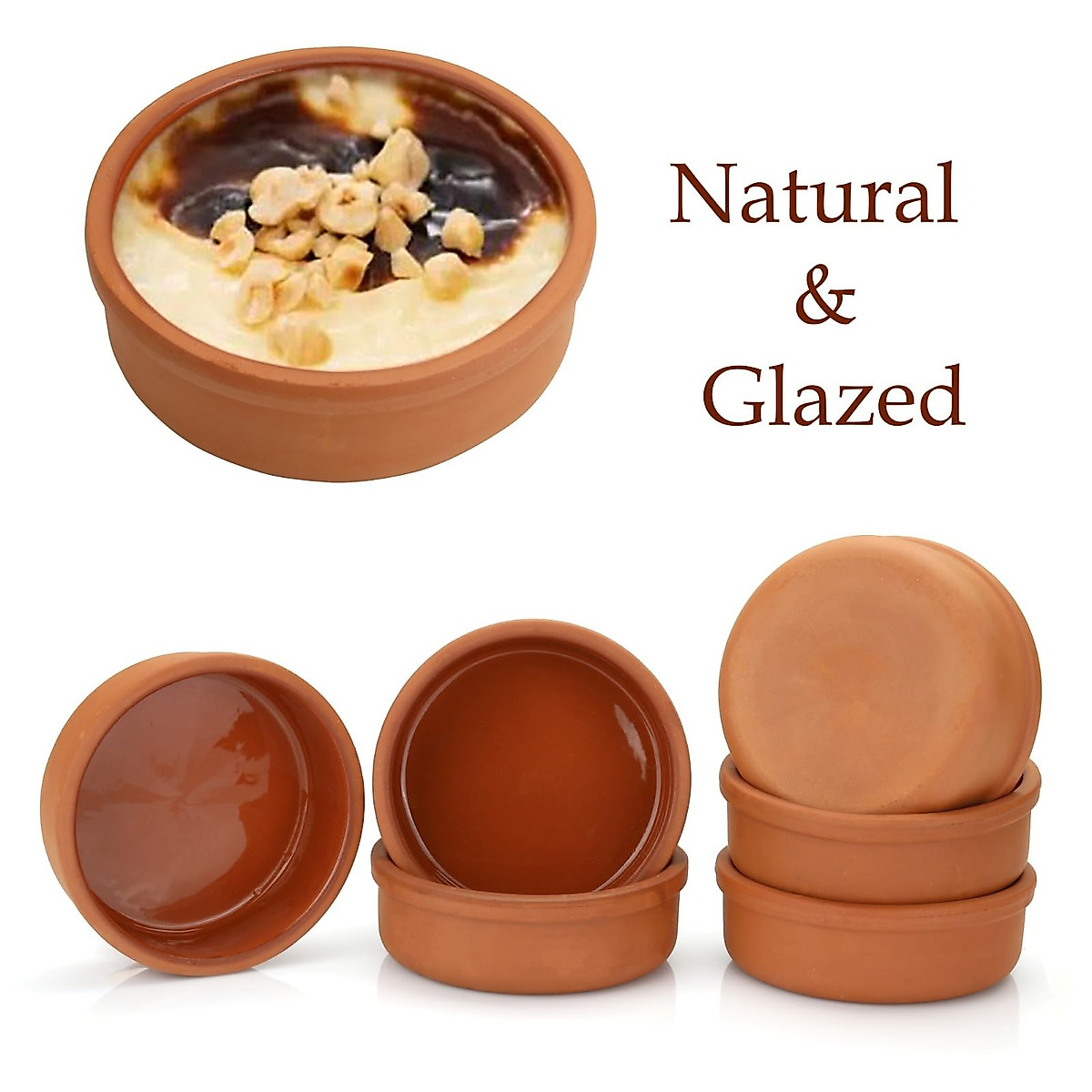 Clay Cooking Pots, 4.5" Terra Cotta, Clay Pots For Cooking - Rustic Clay Pan - Terra Cotta Hitit Dish – Turkish, Indian, Spanish, Mexican Cazuela Dishware / Cookware - Vintage Cooking Pot ( 6 Pack)