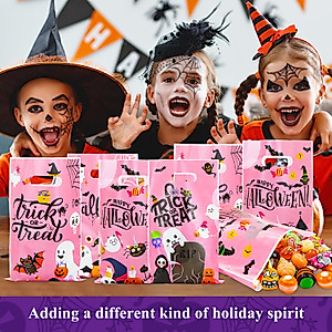 MARSOSAUR Halloween Candy Bag,100PCS Handle Candy Treat Bags Halloween Sweets Bags Trick or Treat Bags Reusable Pink Gift Bags for Halloween Party Supplies Favors, Homemade Craft Snack Gift Packing