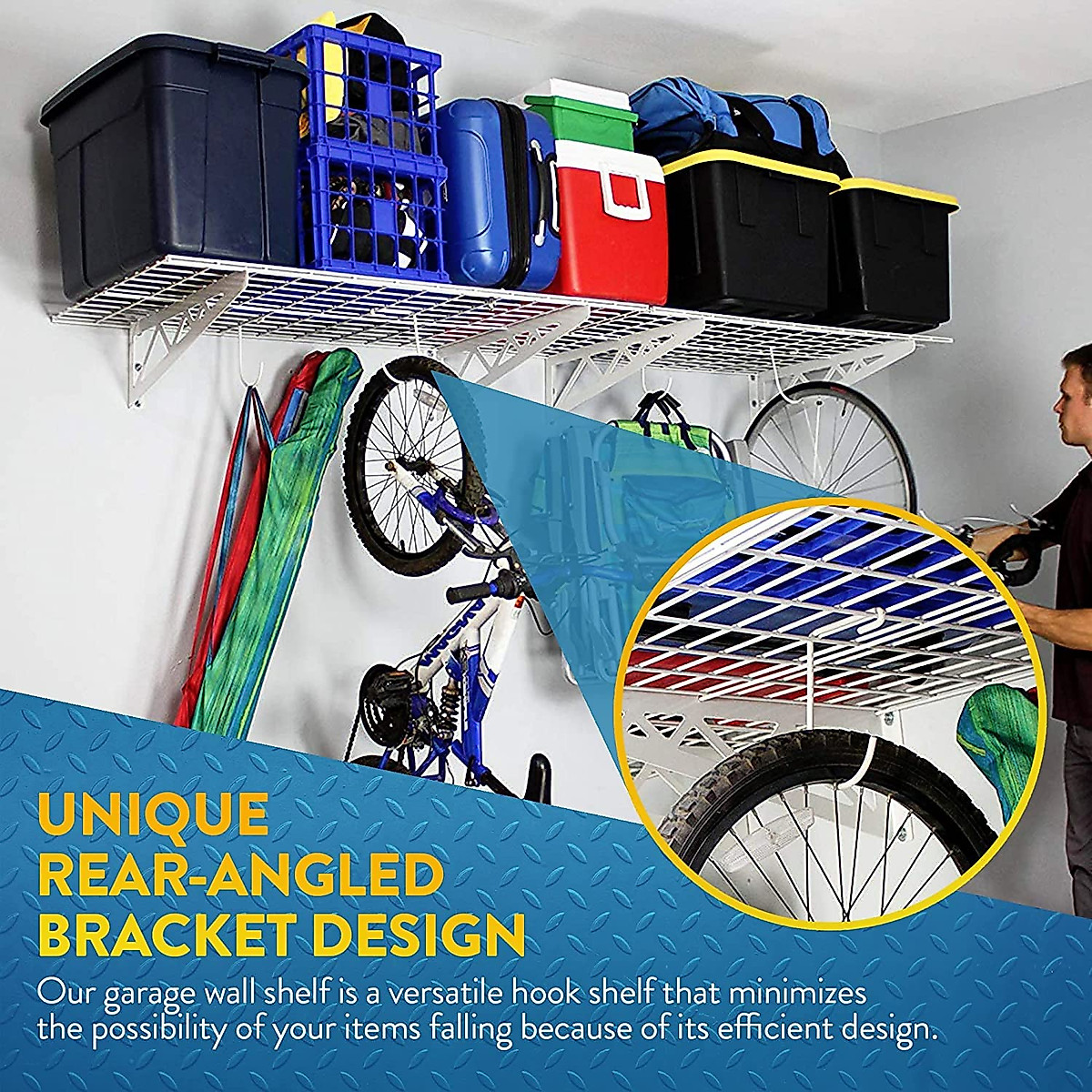 MonsterRax Garage Wall Shelf Two-Pack White or Hammertone Three Size Options Includes Bike Hooks 500lb Weight Capacity (White, 18"x36")