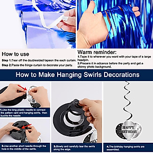 Blue Black Happy Birthday Decorations for Men Women Boys, Happy Birthday Banner, Fringe Curtain, Beer Balloons, Tablecloth, Hanging Swirls for 13th 16th 18th 21st 30th 40th 50th 60th Party Supplies