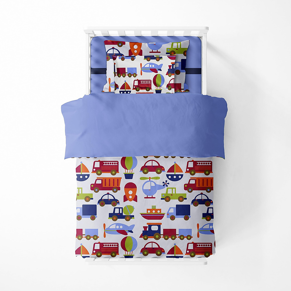 Bacati - Transportation Blue 4 Piece Boys Toddler Bedding Set 100 Percent Cotton Includes Reversible Comforter, Fitted Sheet, Top Sheet, and Pillow Case for Boys