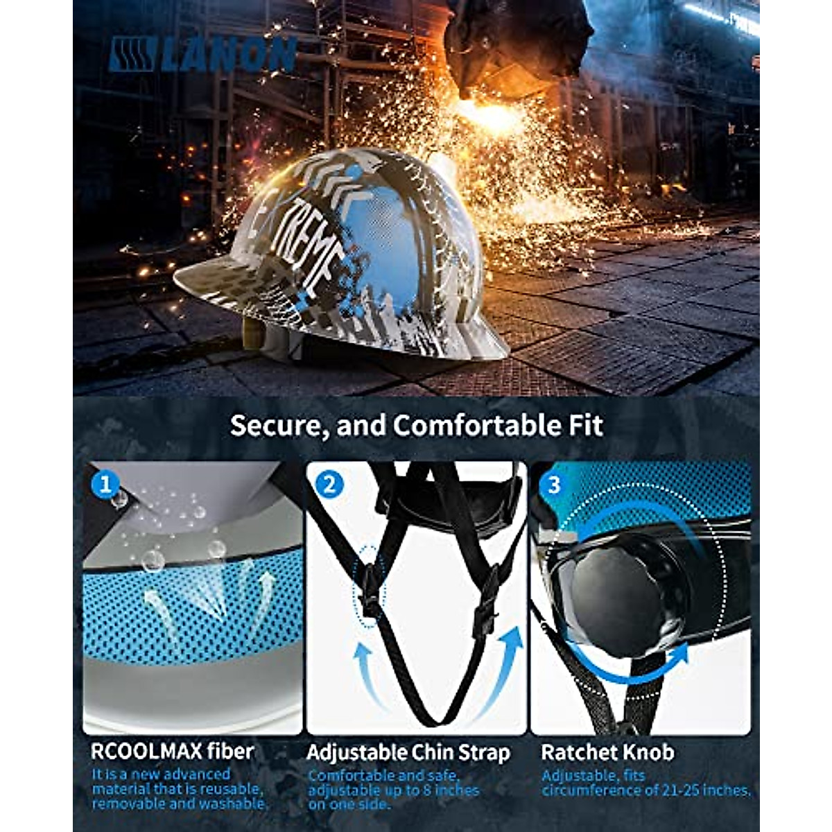 LANON Full Brim Hard Hat, OSHA Construction Work Approved, Blue Pattern Design, FRP Safety Helmet with 4 Point Adjustable Ratchet Suspension, Class C