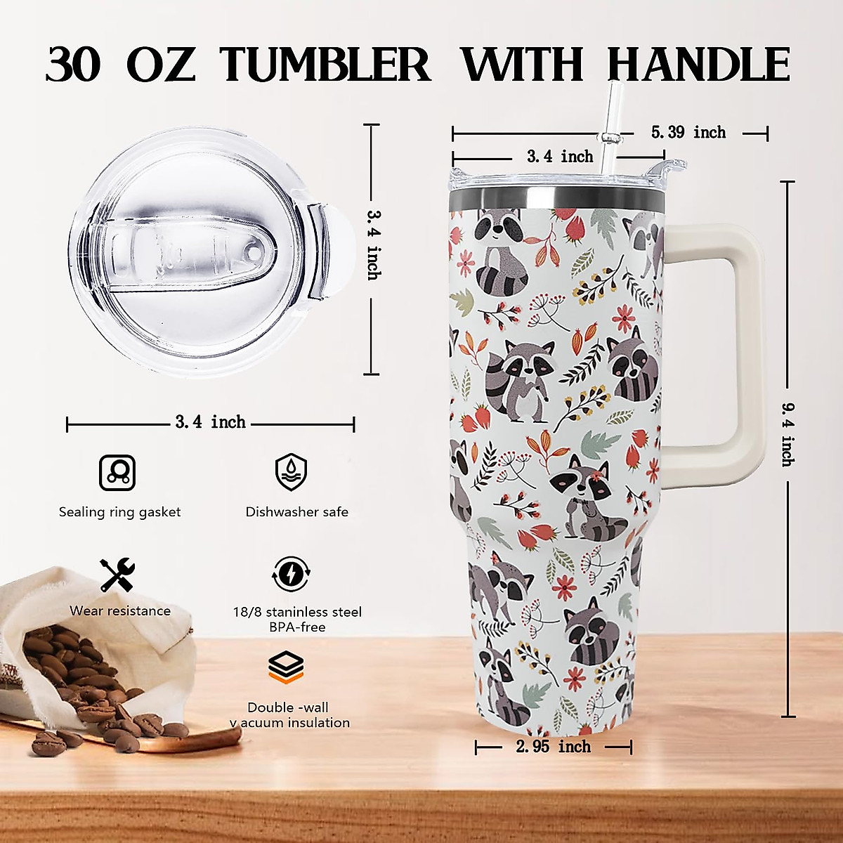 wmvhdiw 30 Oz Racoon Tumbler With Handle, Racoon Decor Coffee Travel Mug Cup Water Bottle, Gifts for Women