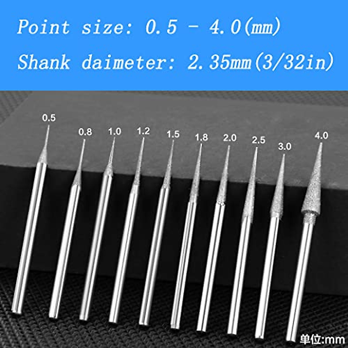 10 Pcs Various Sizes Diamond Mounted Grinding Head Burrs Stone Carving Bits for Rotary Tools with 3/32" Shank(D Type Spiked Shape)