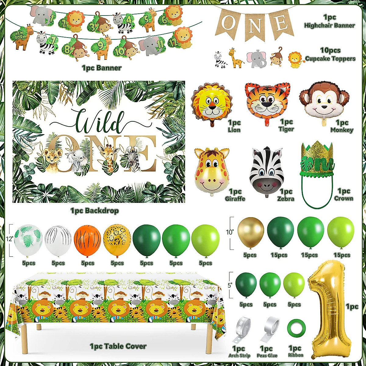 Wild One Birthday Decorations for Boys, Safari First Birthday Decorations, include Backdrop, Tablecloth, Balloon Arch, Highchair Banner, Monthly Photo Banners, Crown, Jungle Animals Foil Balloons
