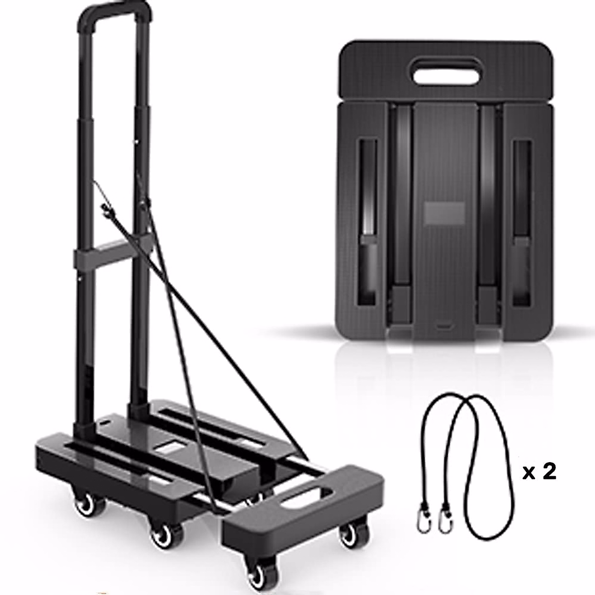 Folding Hand Truck Dolly, Portable Dolly for Moving, 500LB Luggage Cart Dolly with 6 Wheels & 2 Bungee Cords for Luggage, Travel, Moving, Shopping, Office Use, Black