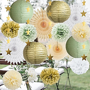 Sage Green Party Decorations Baby Shower Sage Green and Gold Party Decorations White Fans Tissue Paper Pom Poms Sage Birthday Wedding Engagement Bridal Shower Bachelorette Party Decorations