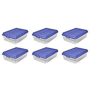 GERSH 40 Qt. Clear Plastic Storage Bin with Blue HI-Rise Lid, 6 Pack