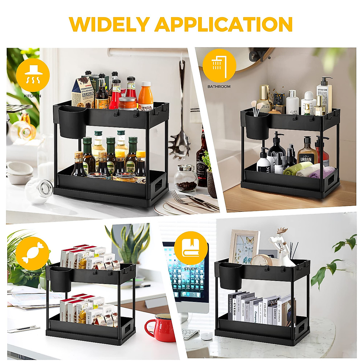 Ravinte 2 Pack Pull Out Under Sink Organizer 2 Tier Multi Purpose Sink Organizers Storage For Bathroom Kitchen Sink Storage Organizer With Hook & Hanging Cup Matte Black Sliding Cabinet Organizer