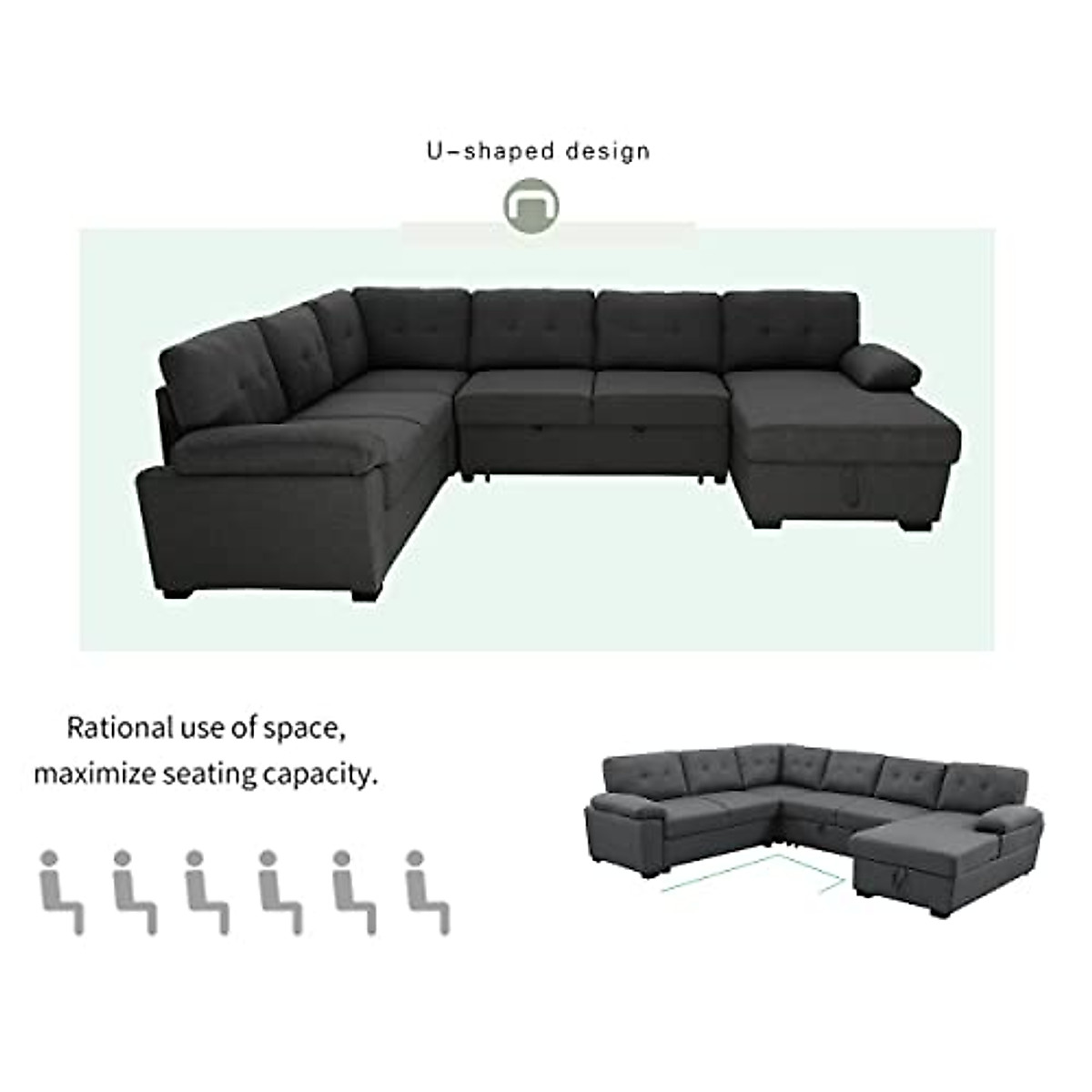 Sectional Sleeper Sofa Bed L Shaped Pull-Out Couch Bed with Storage Lounge Chair Home Office Sleeper Sofa Couch 6 Seater Sectional Couches Set, Dark Grey