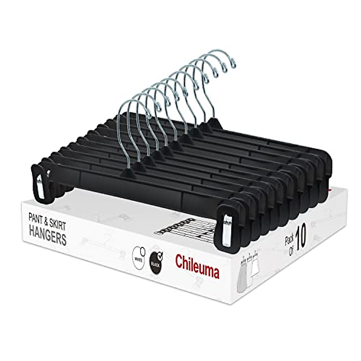 Chileuma 10 Pack Clothes Pants Hangers, Space-Saving, 360° Swivel Hooks, Trousers Pants Clothes Shorts Skirt Jeans Hangers, Plastic Pant Hangers with Clips for Closet, Black