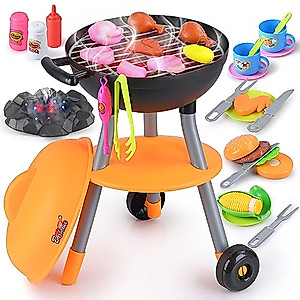 Kids Toy BBQ Grill Playsets, Play Kitchen Barbecue Grill with Pretend Smoke,Light,Sound & Color-Changing Play Food, Cooking Toy Set, Camping Outdoor Toys for Kids Ages 4-8 3-5 Boy Girl Gift