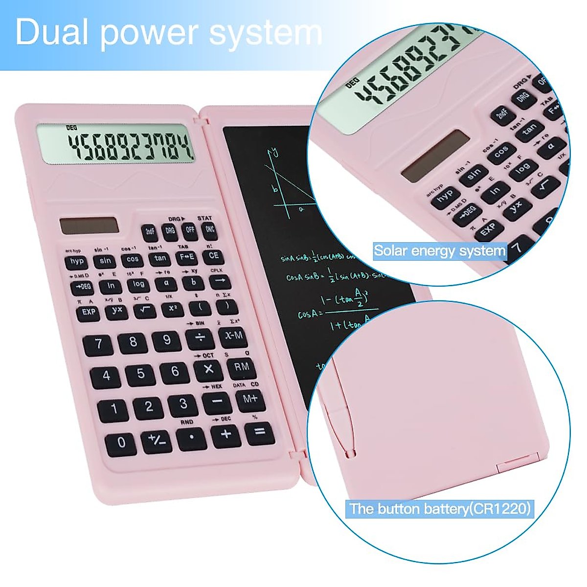 LveSunny Scientific Calculators for Middle School & High School, Solar and Battery Power with Notepad for School，10 Digits Digital with Erasable Writing Board Math Calculator (Pink)