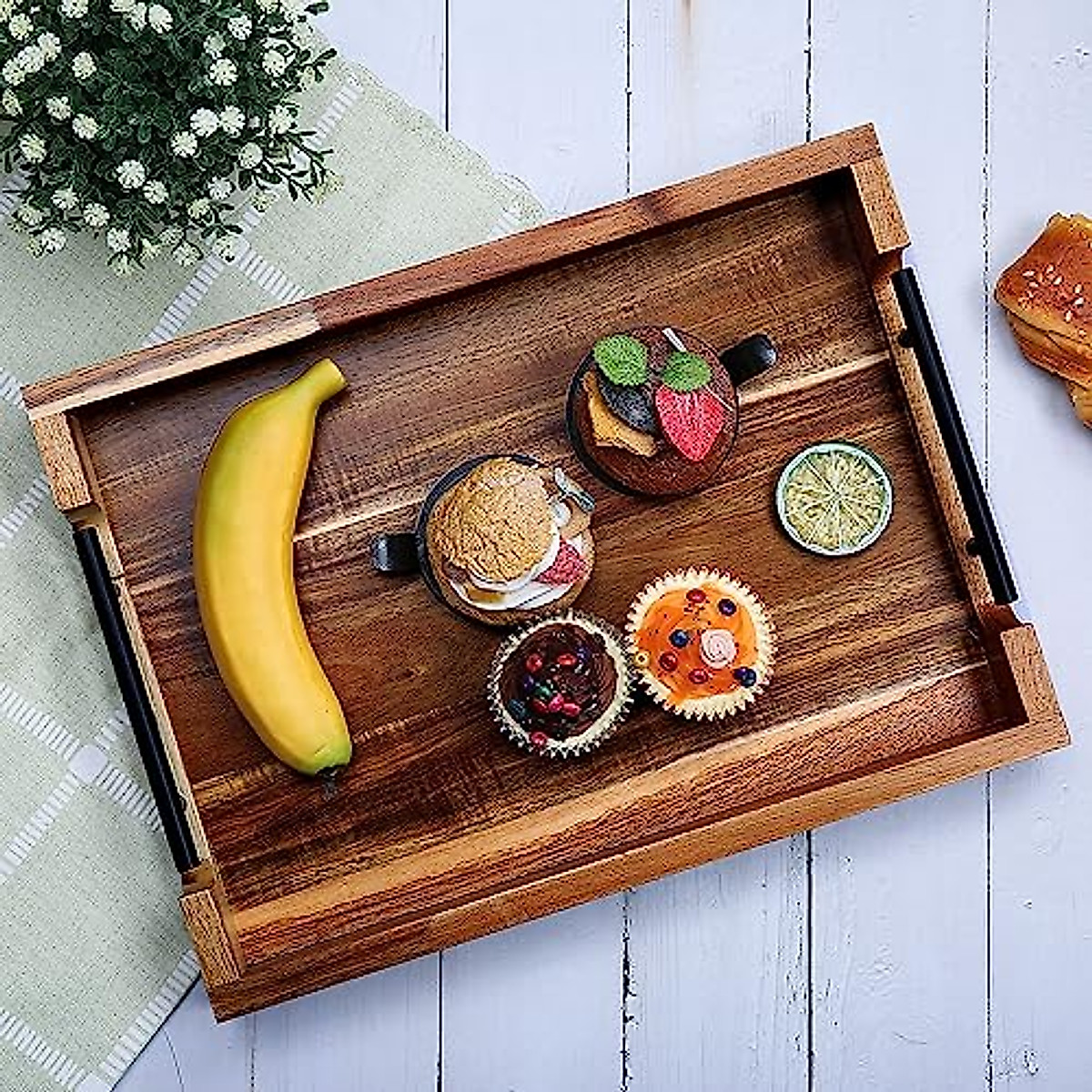 Acacia Wood Serving Tray with Handles Set of 2, Rustic Serving Tray for Ottoman, Wood Nesting Trays, Decorative Serving Trays for Breakfast in Bed,Lunch,Dinner,Coffee Table,BBQ, Party –Great for Lap
