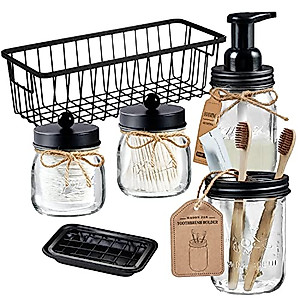 Mason Jar Bathroom Accessories Set(6PCS) - Foaming Soap Dispenser,Toothbrush Holder,Qtip Holder,Apothecary Jars, Soap Dish,Metal Wire Storage Organizer - Rustic Farmhouse Decor (Black)