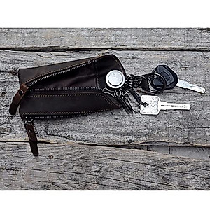 JJNUSA Genuine Leather Key Chain Zipper Coin Case, Leather Car Smart Key Chain Metal Hook and Keyring Zipper Coin Wallet (Darkbrown)