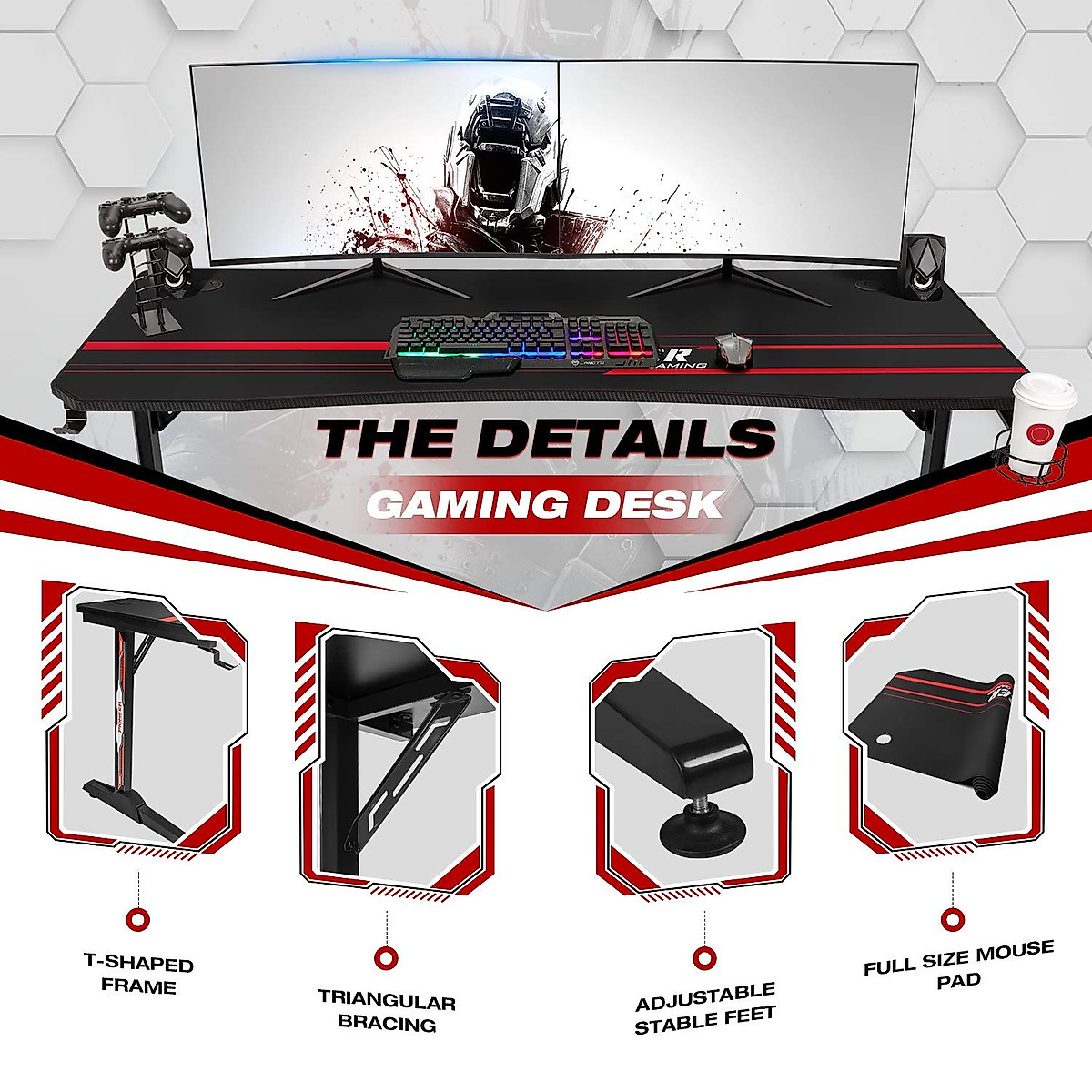 Devoko 55 Inch Gaming Desk T-Shaped PC Computer Table with Free Mouse Pad Carbon Fibre Surface Home Office Desk Gamer Table with Game Handle Rack Headphone Hook and Cup Holder (Black)