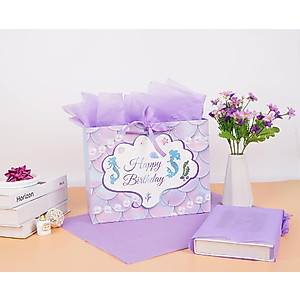 Linelglobal Large Mermaid Gift Bag with Wrapping Paper for Women Girl Birthday 12.6"