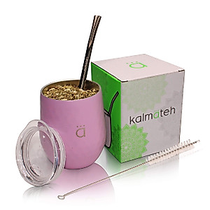 Kalmateh Yerba Mate Gourd - Double Walled Stainless Steel with BPA Free Lid, Bombilla Filter Straw & Bombilla Cleaner -Pastel Pink, 8 oz