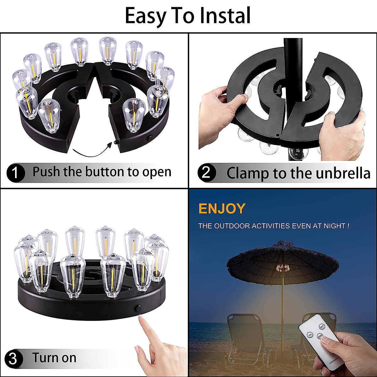 Umbrella Lights, Patio Umbrella Lights Battery Operated with Remote Control, Outdoor Umbrella Pole Light with 12 Warm White 3 Brightness Modes ST38 LED Bulbs, for Backyard Umbrella or Camping