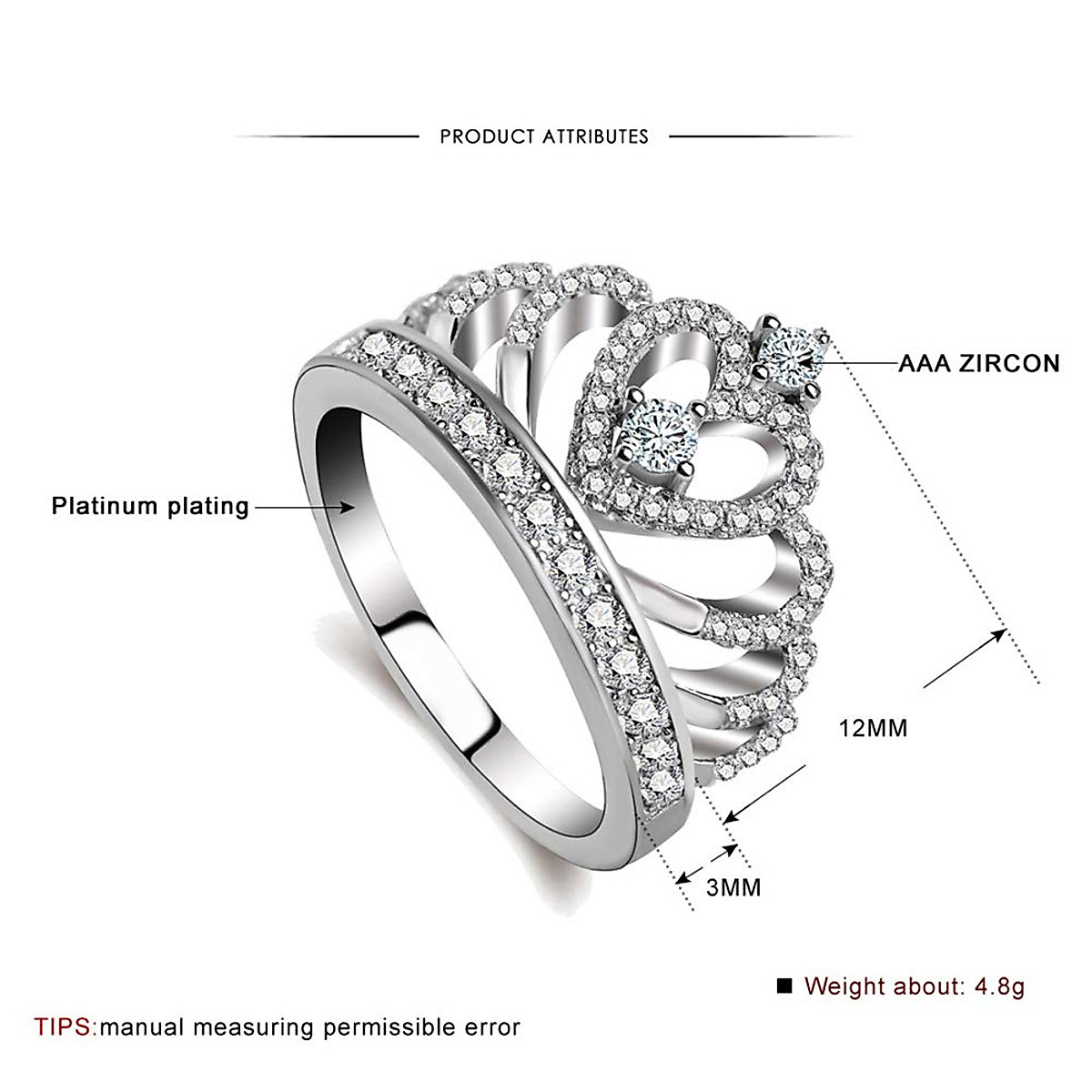 Princess Queen Crown Rings for Women Eternity Heart-Shaped Promise Ring Zircon Jewelry Silver 6