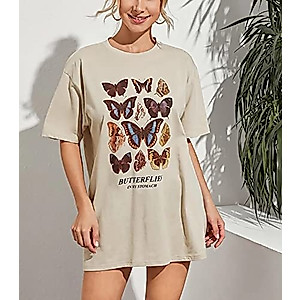 Meladyan Women’s Oversize Graphic Printed Loose Tee Short Sleeve Round Neck Loose Tshirt Tops Apricot