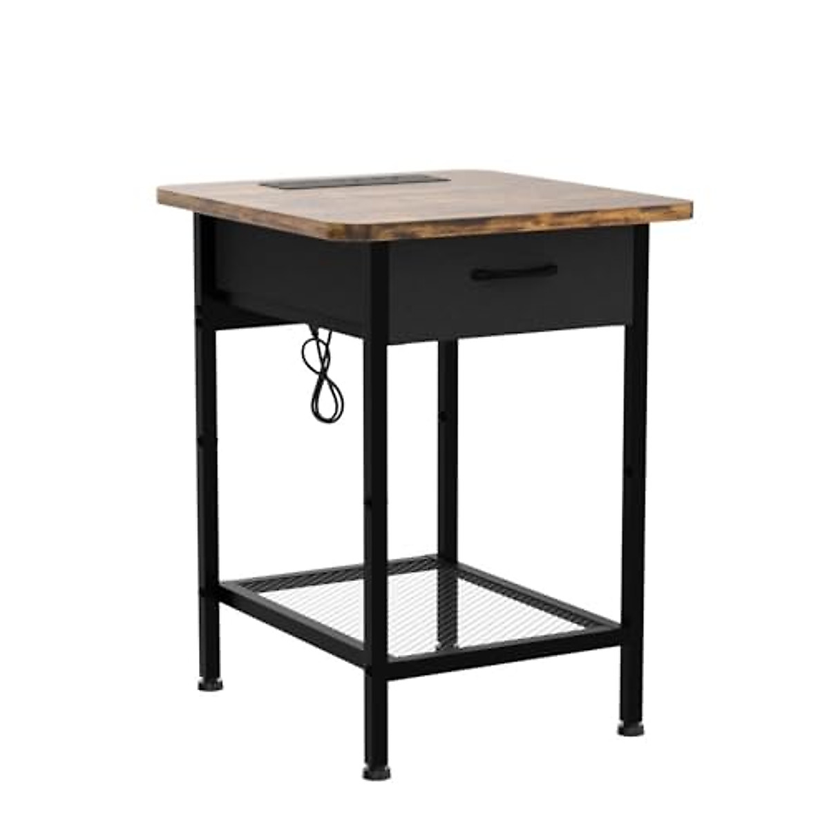 GYIIYUO Nightstands Set of 2 with Charging Station and Fabric Storage Drawer,16.5" x 15.8" Side Table with Storage for Bedroom, Bedside Tables with Steel Fram, Rustic Brown and Black