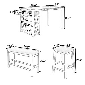 CKLMMC Rustic Wood Kitchen Dining Table Set with 2 Stools and Bench, 4-Piece Counter Height Storage Shelves Drawer, Perfect Choice for Small Places (Gray/2S+1B)