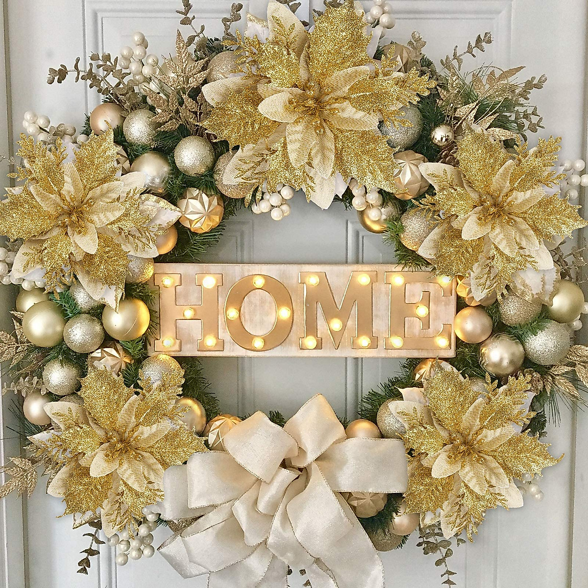 GREENTIME 12 Pcs Glitter Poinsettia 5.5" Artificial Flowers Christmas with Clips Stems Xmas Tree Ornaments for Wedding Party Wreath Decoration (Golden)