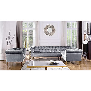 Iconic Home Giovanni Right Facing Sectional Sofa L Shape Velvet Upholstered Button Tufted Roll Arm Design Solid Gold Tone Metal Legs Modern Transitional Navy Grey