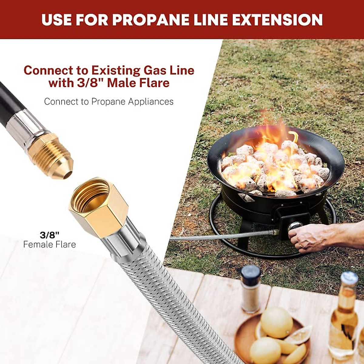 PatioGem Propane Hose Extension 6 Feet, Braided 3/8" Female Flare On Both Ends Hose, Propane Extension Hose, Propane Gas Line, 3/8 Propane Hose, Flexible Gas Line, Female to Female Hose, Gas Line