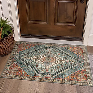Bavni Entryway Rug, Machine Washable Rugs Non Slip, Vintage Oriental 2x3 Entry Rug, Thin Stain Resistant Small Rug for Kitchen, Bedroom, Floor, Orange/Blue