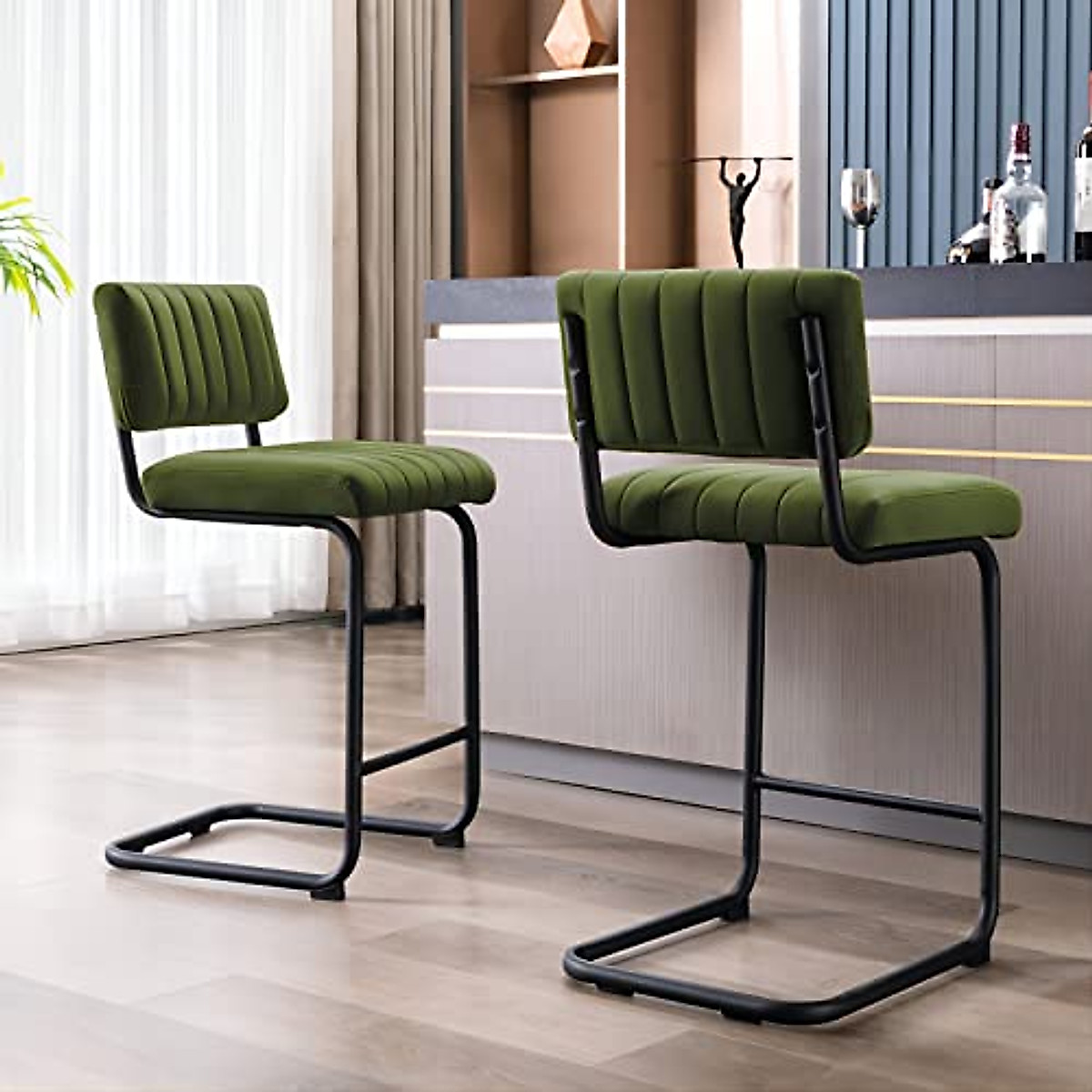 ONEVOG Modern Counter Height Stools with Velvet Backrest, 24Inch Solid Metal Legs Bar Stool Set of 2, Barstools for Kitchen Dining Party, Sturdy Bar Chairs (Green)