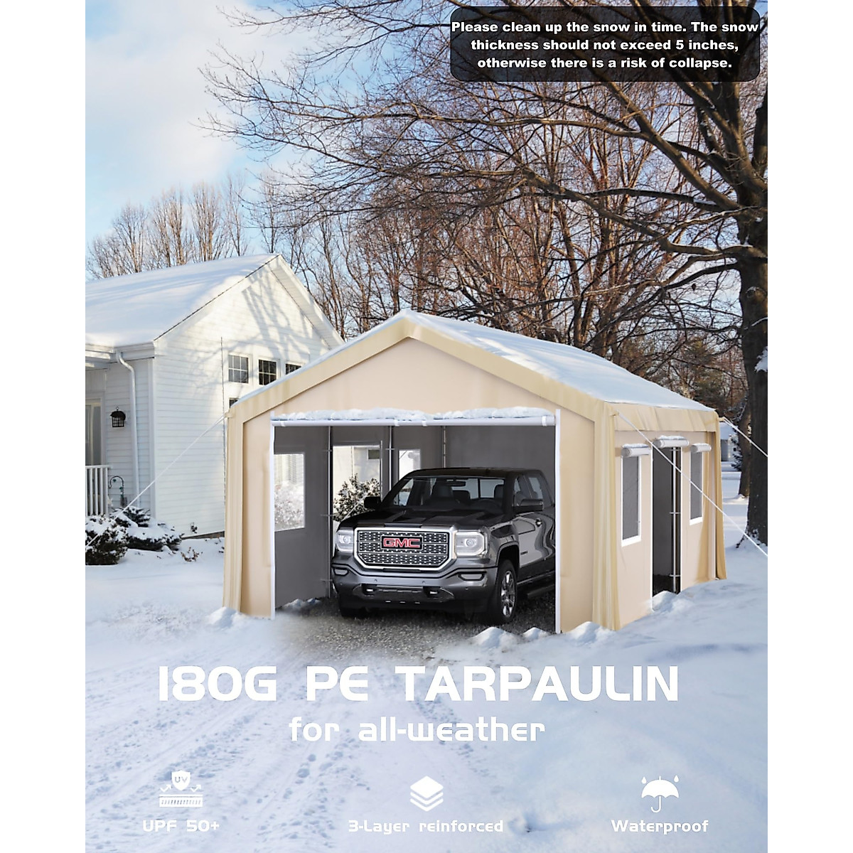 GarveeLife 10 x 20 ft Carport Heavy Duty, Portable Garage with 4 Roll-up Doors, 4 Mesh Windows, 180 g PE Tarps, and 8 x 1.0 mm Poles, for Full-Size Pickups, Bass Boats, and SUVs, Khaki