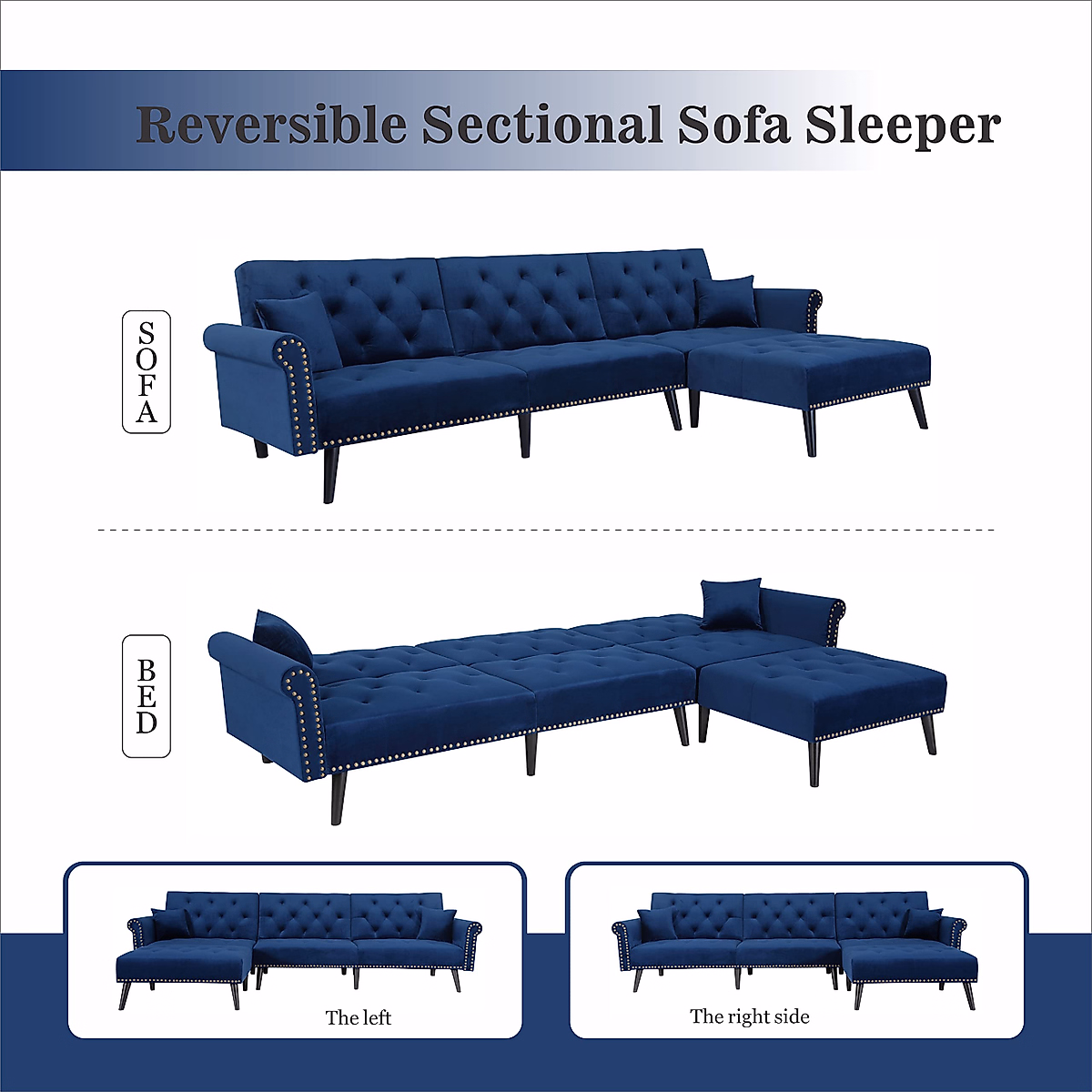 POCIYIHOME Sectional Sofa Right Hand Facing Velvet Button Tufted, L Shape Chaise with Nail Head Detail, Conical Wood Leg, 2 Pillows, Modern & Elegant, Home Furniture for Living Room,Office, Navy Blue